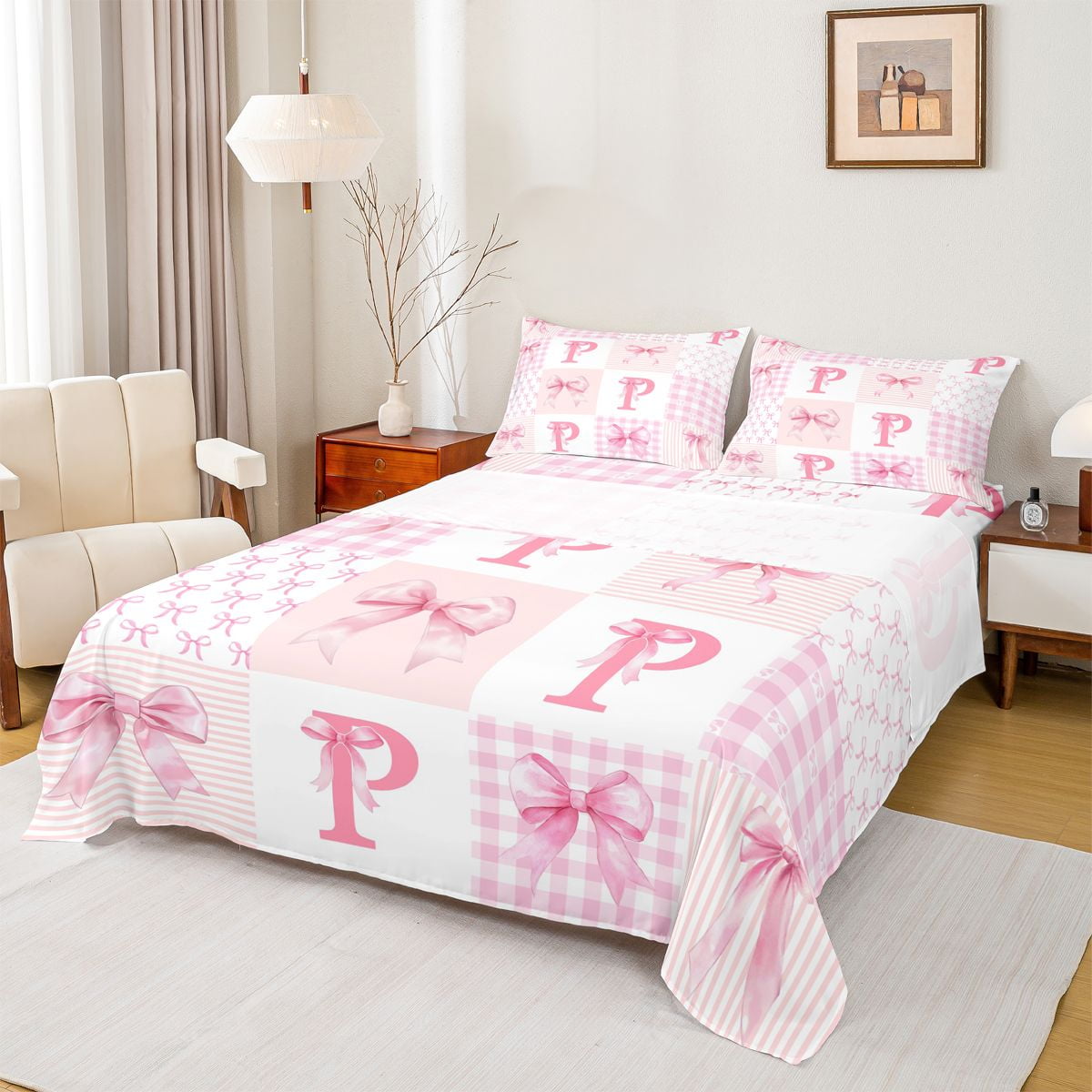 Castle Fairy Cartoon Bow Knot Letter Monogrammed P Queen Sheet Sets ...