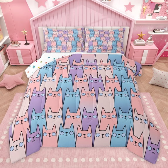 Castle Fairy Cartoon Cats Queen Comforter Set,Blue Pink Purple Bedding ...