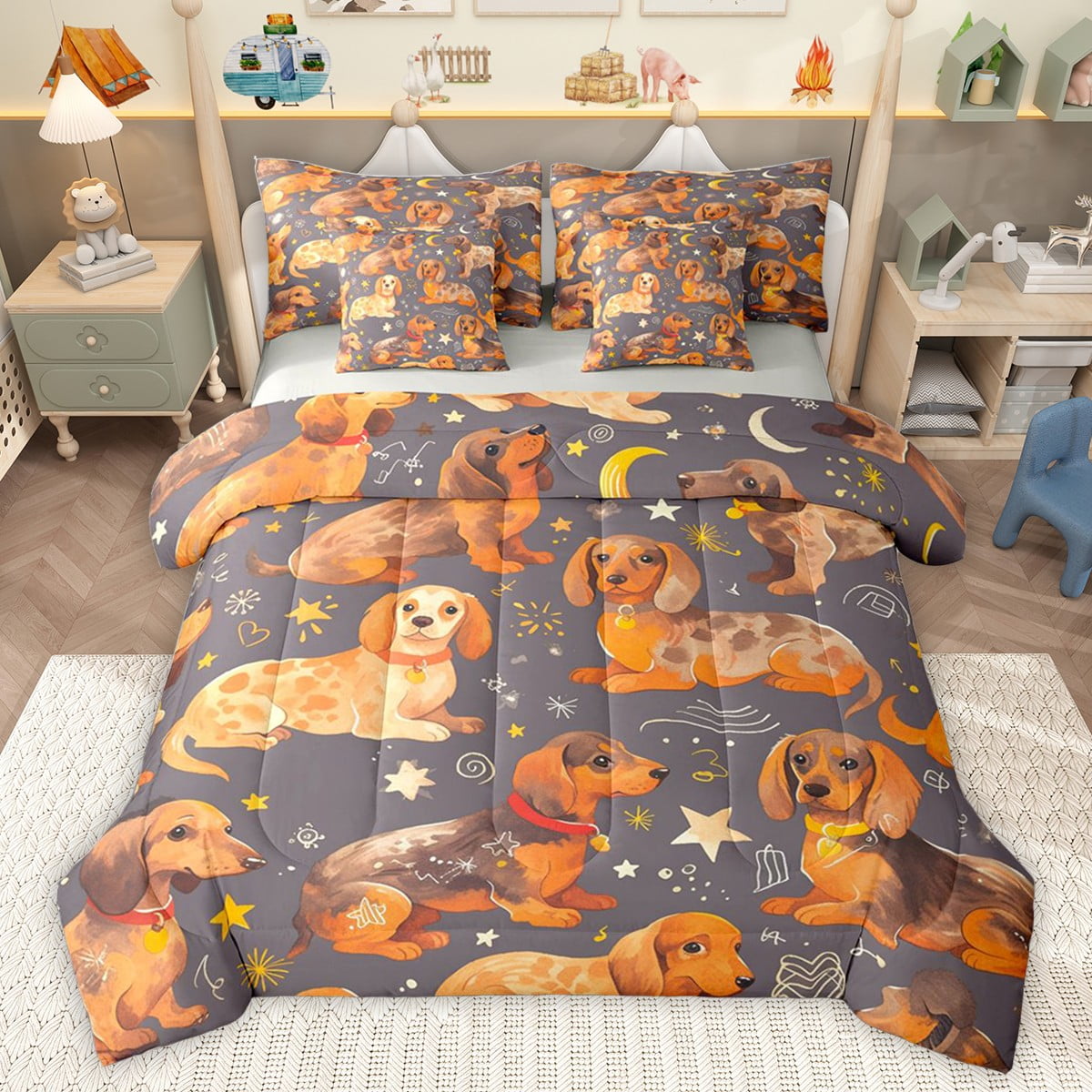 Castle Fairy Cartoon Dachshund Dogs Bedding Comforter Set 7pcs for Kids ...