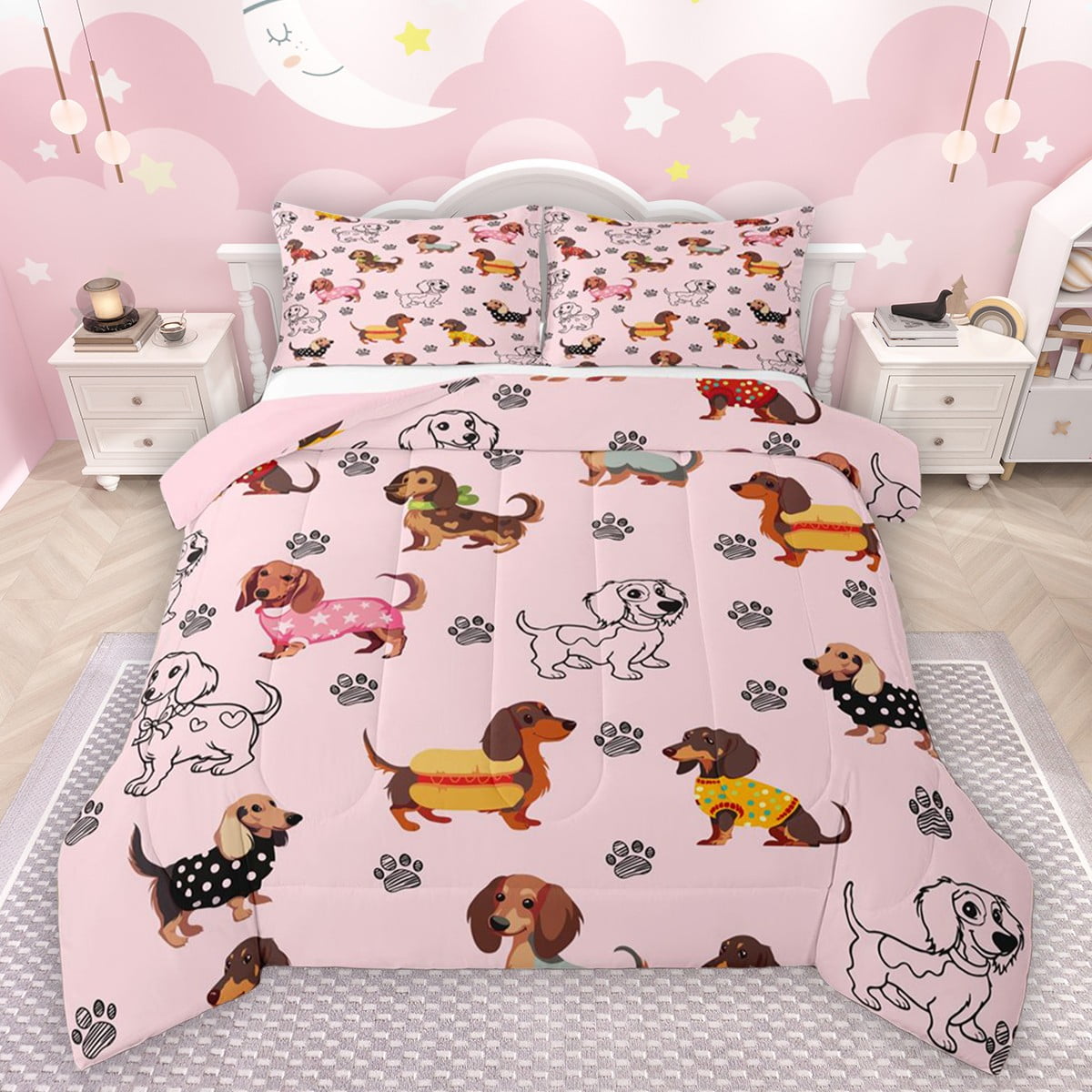Castle Fairy Cartoon Dachshund Dogs Full Size Comforter Sets 3-Piece ...