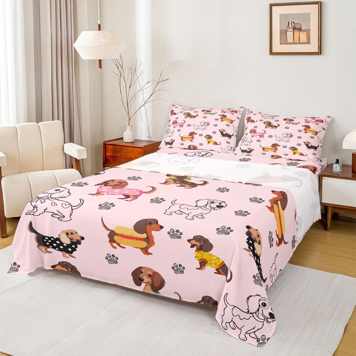 Castle Fairy Cartoon Dachshund Dogs Full Size Sheets 4-Piece for Kids ...