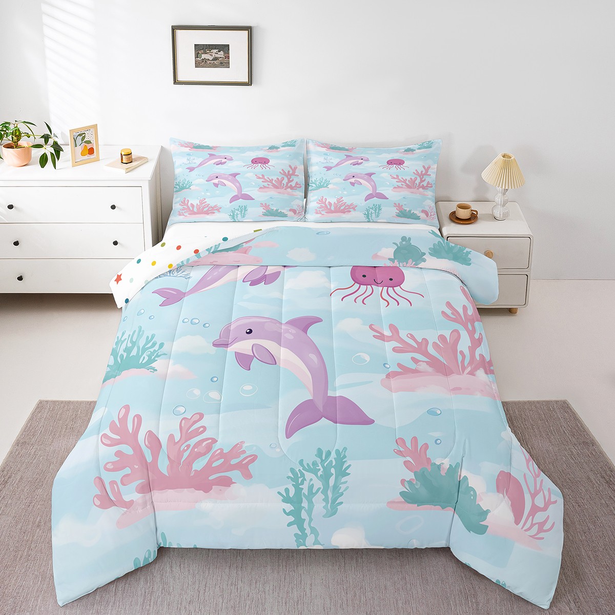 Castle Fairy Cartoon Dolphin 3-Piece Full Size Comforter Sets,Kawaii ...