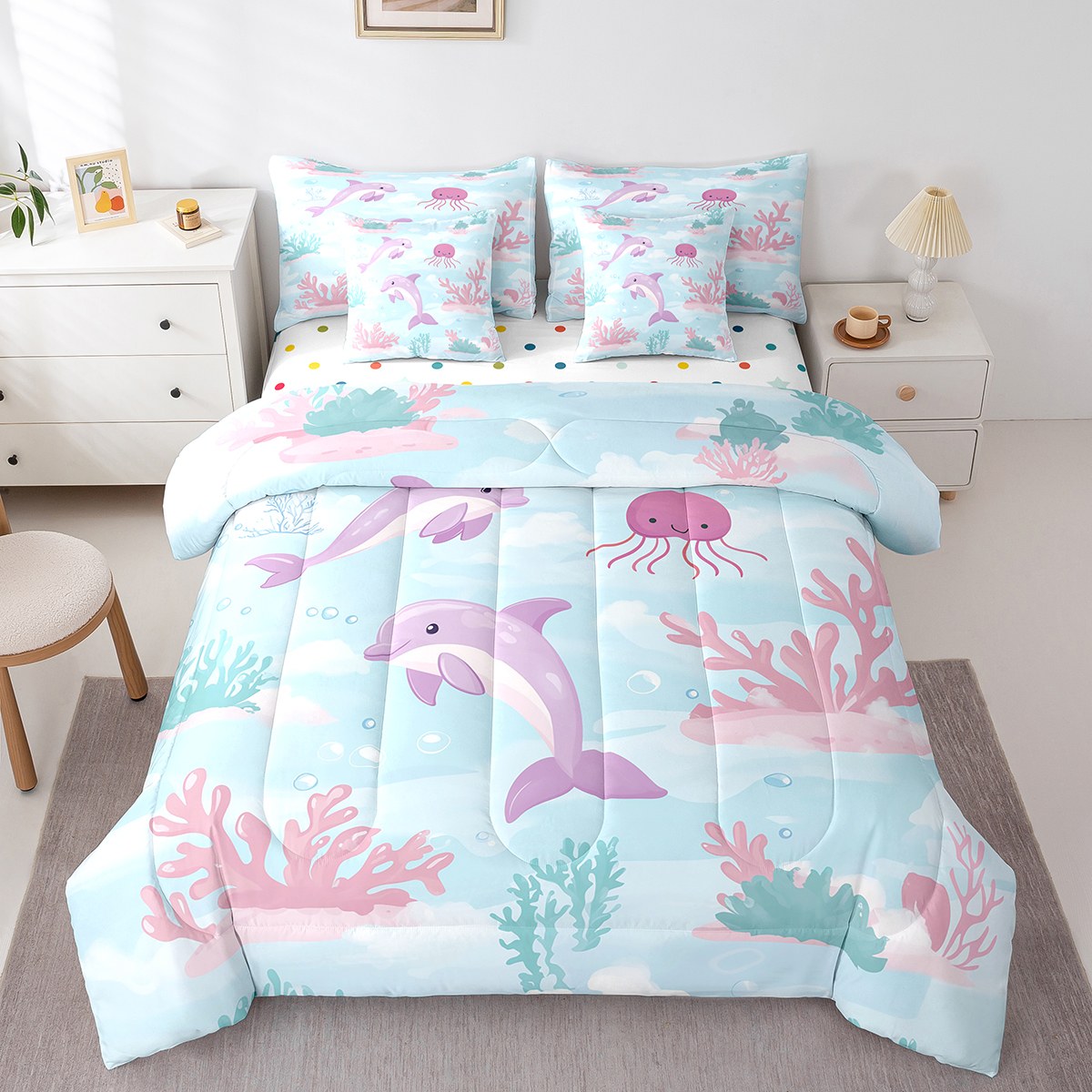Castle Fairy Cartoon Dolphin 7-Piece Twin Bedding Sets,Kawaii Animal ...