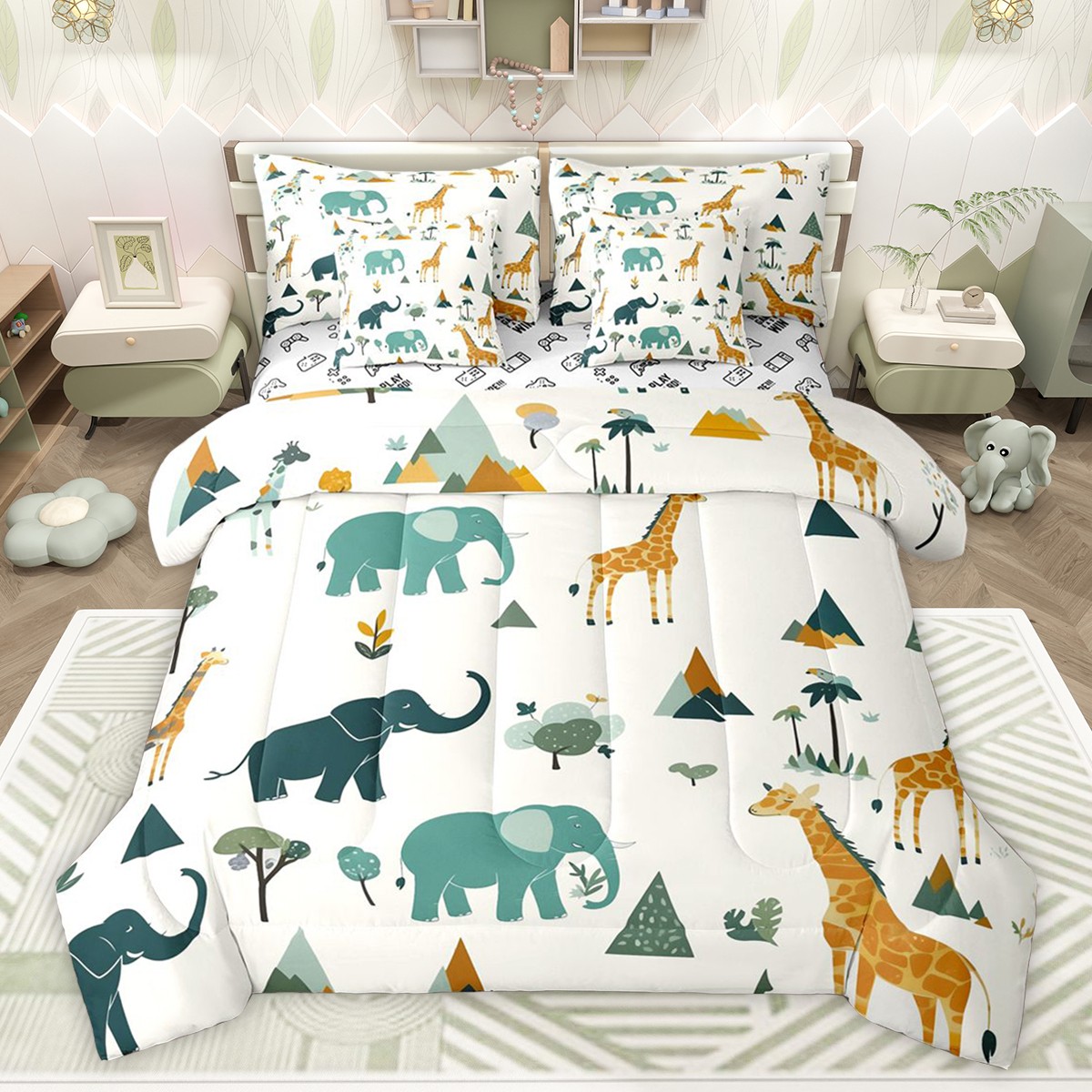 Castle Fairy Cartoon Elephants Giraffe Bedding Comforter Set 7pcs for ...