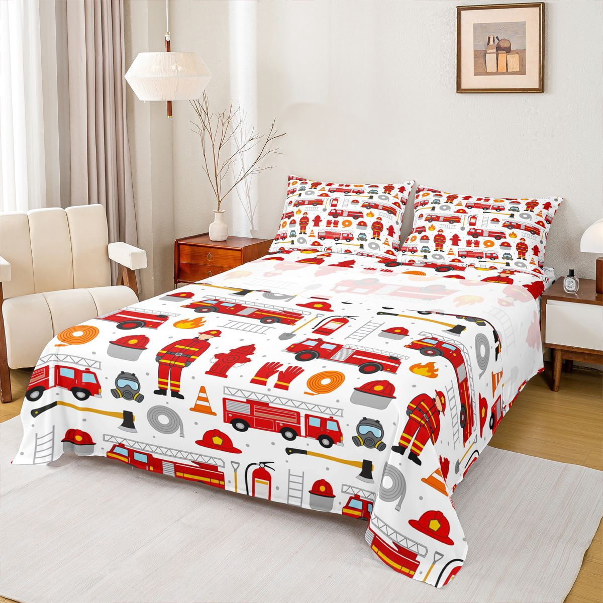 Castle Fairy Cartoon Fire Truck Bed Sheets 4pcs for Teens, Firefighter ...