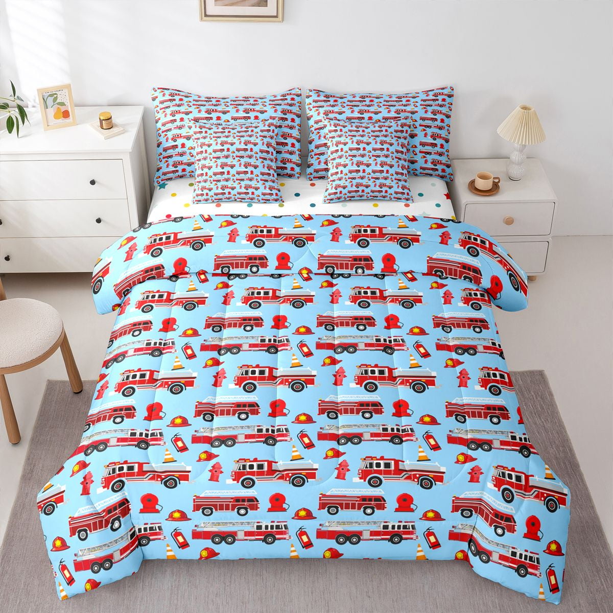 Castle Fairy Cartoon Fire Truck Bedding Comforter Set 7 Pieces for ...