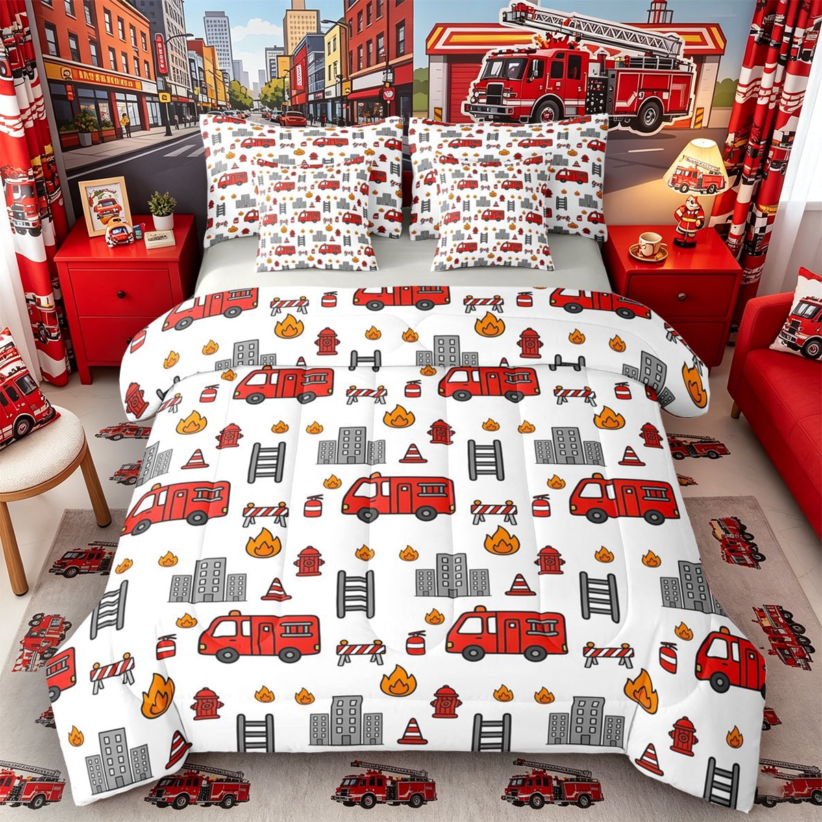 Castle Fairy Cartoon Fire Truck Twin Bedding Sets 7-Piece for Kids ...