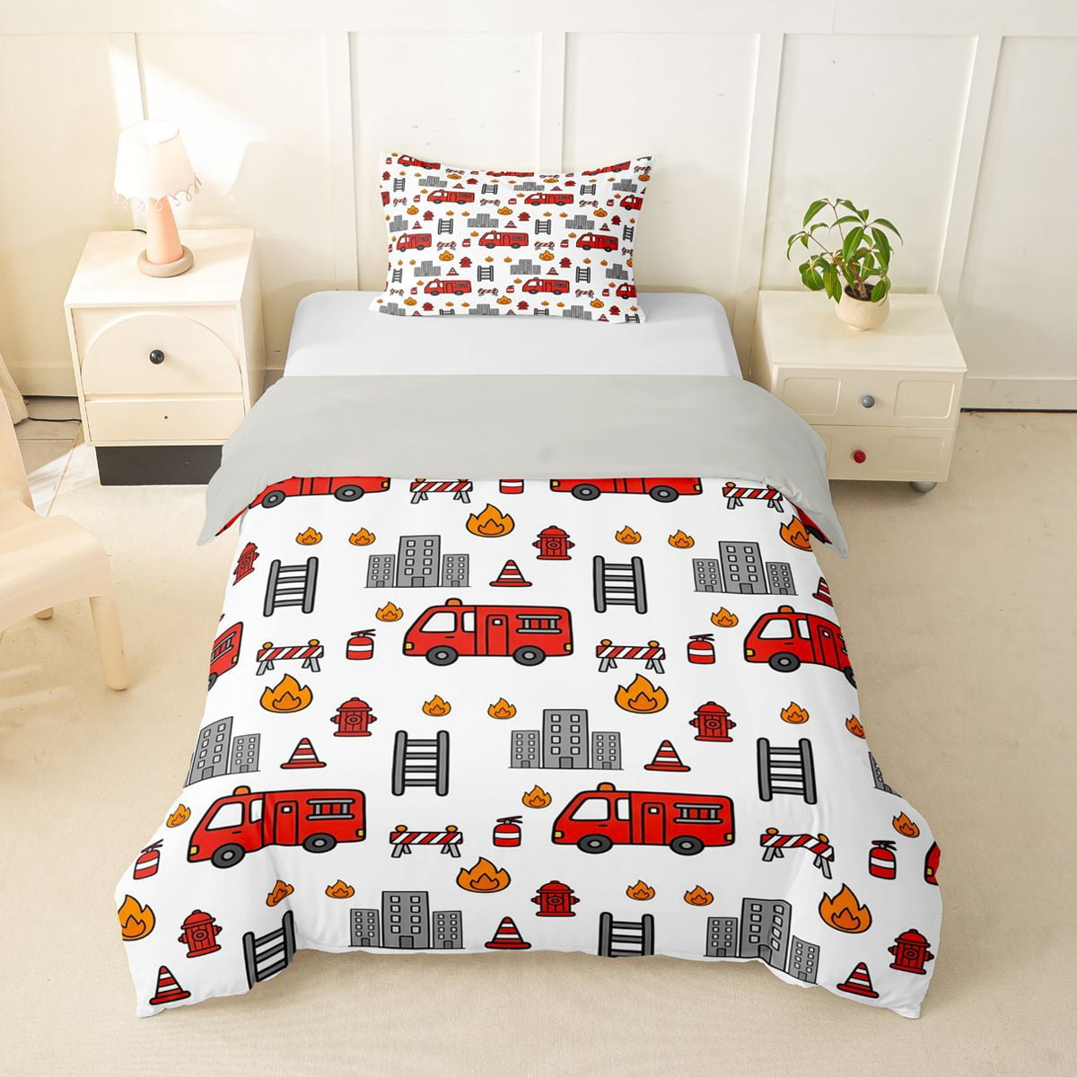 Castle Fairy Cartoon Fire Truck Twin Bedding for Kids, City Flame Print ...
