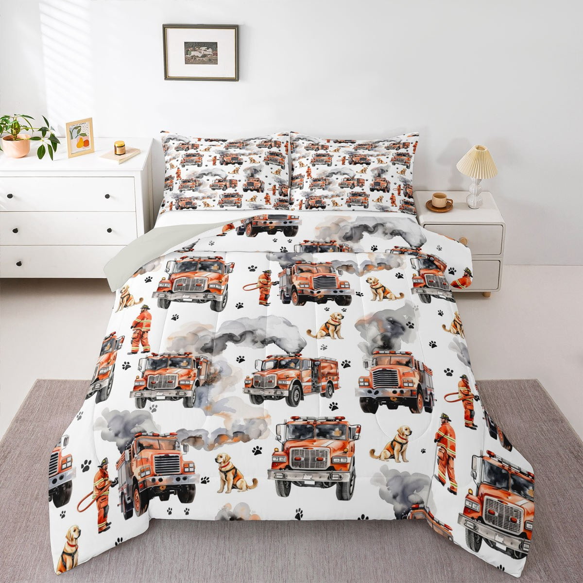 Castle Fairy Cartoon Firefighter Car Queen Comforter Set,Fire Truck ...