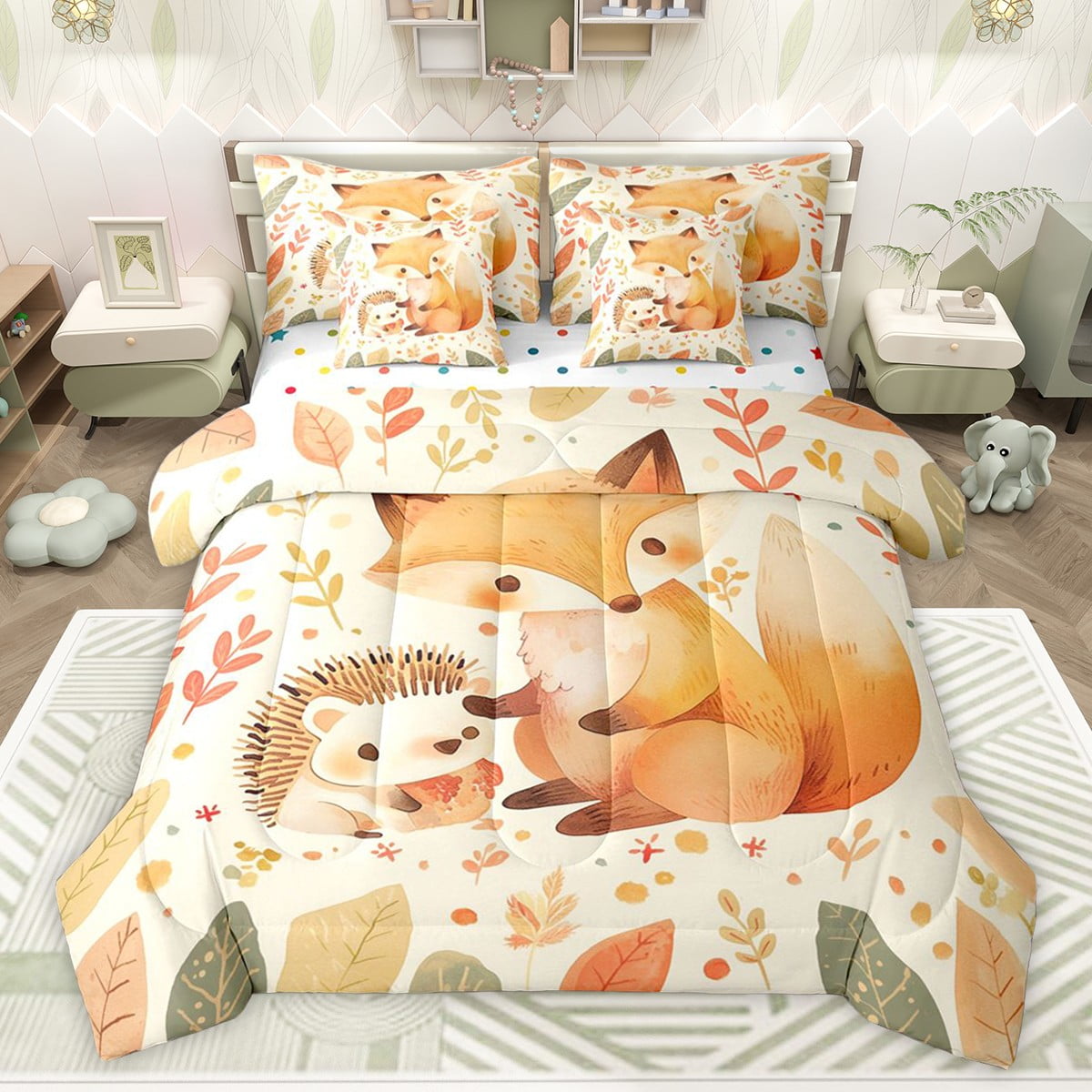 Castle Fairy Cartoon Fox Hedgehog Twin Bedding Sets 7-Piece for Preppy ...
