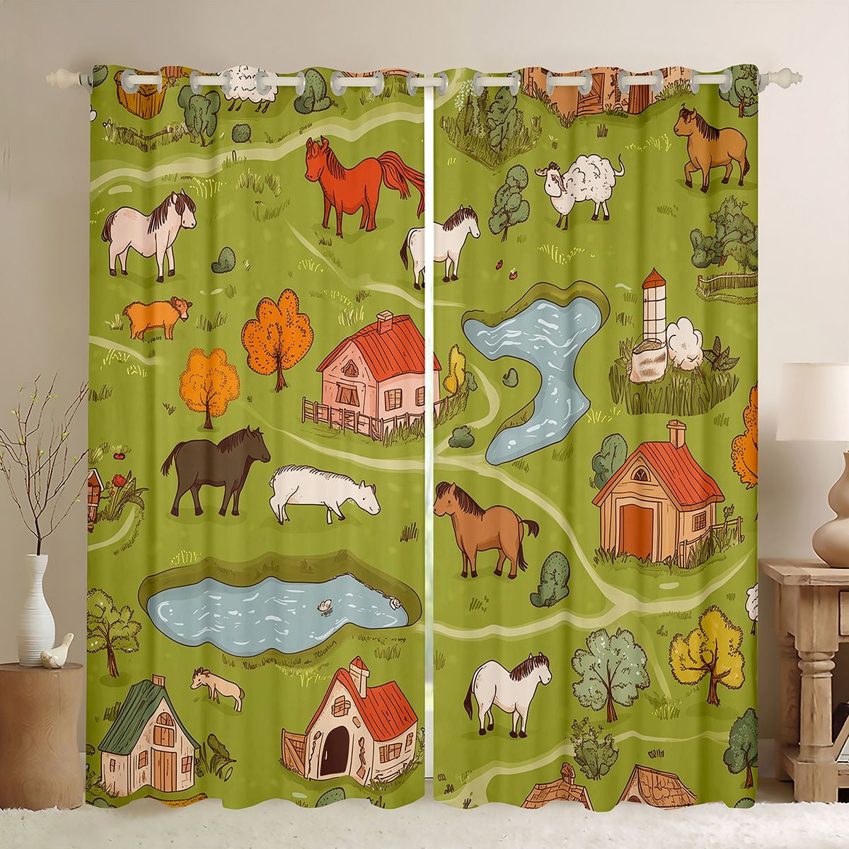 Castle Fairy Cartoon Horse Blackout Curtains Set of 2 (52x84 Each),Farm ...