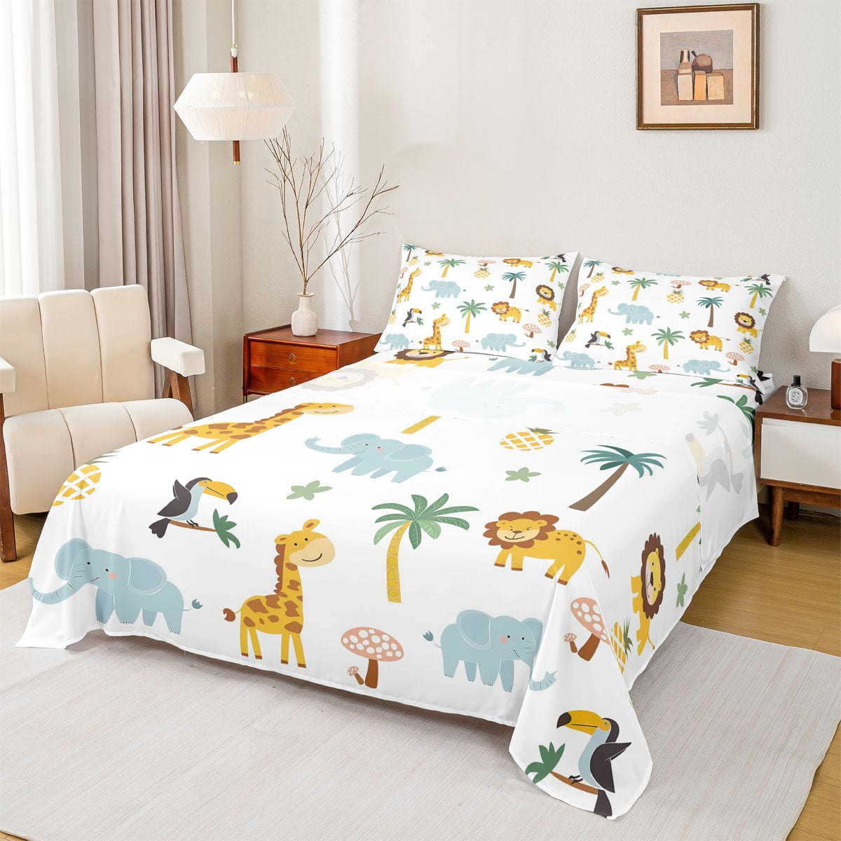 Castle Fairy Cartoon Lion Elephant Giraffe Parrot Full Size Sheets,Tree ...