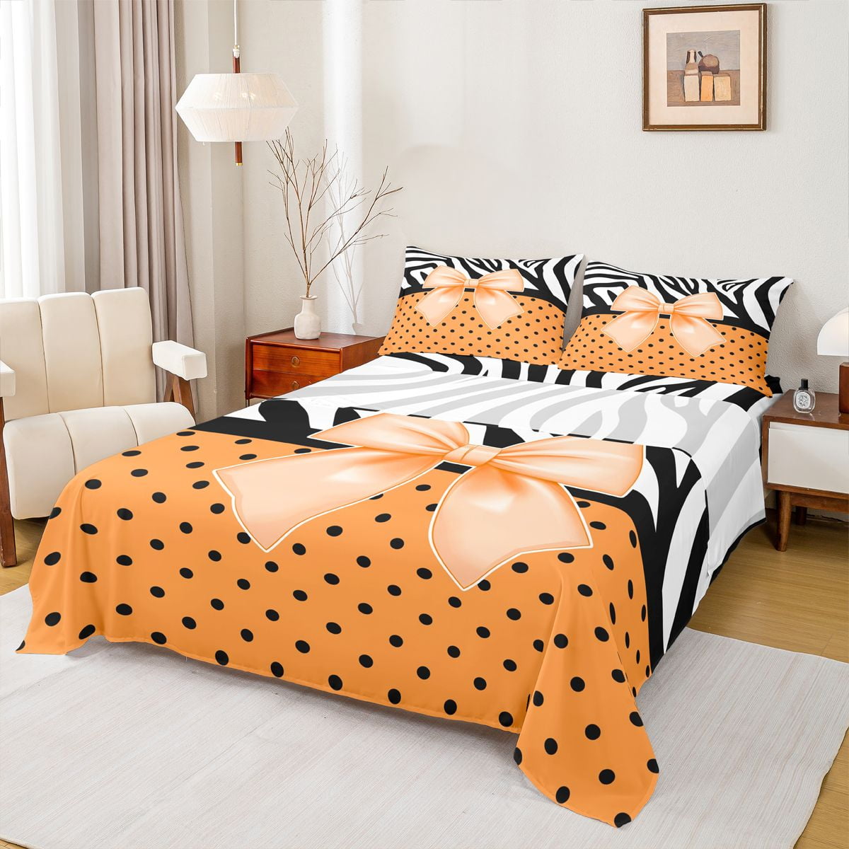 Castle Fairy Cartoon Orange Bow Knot Bed Sheets,Polka Dots King Sheets ...