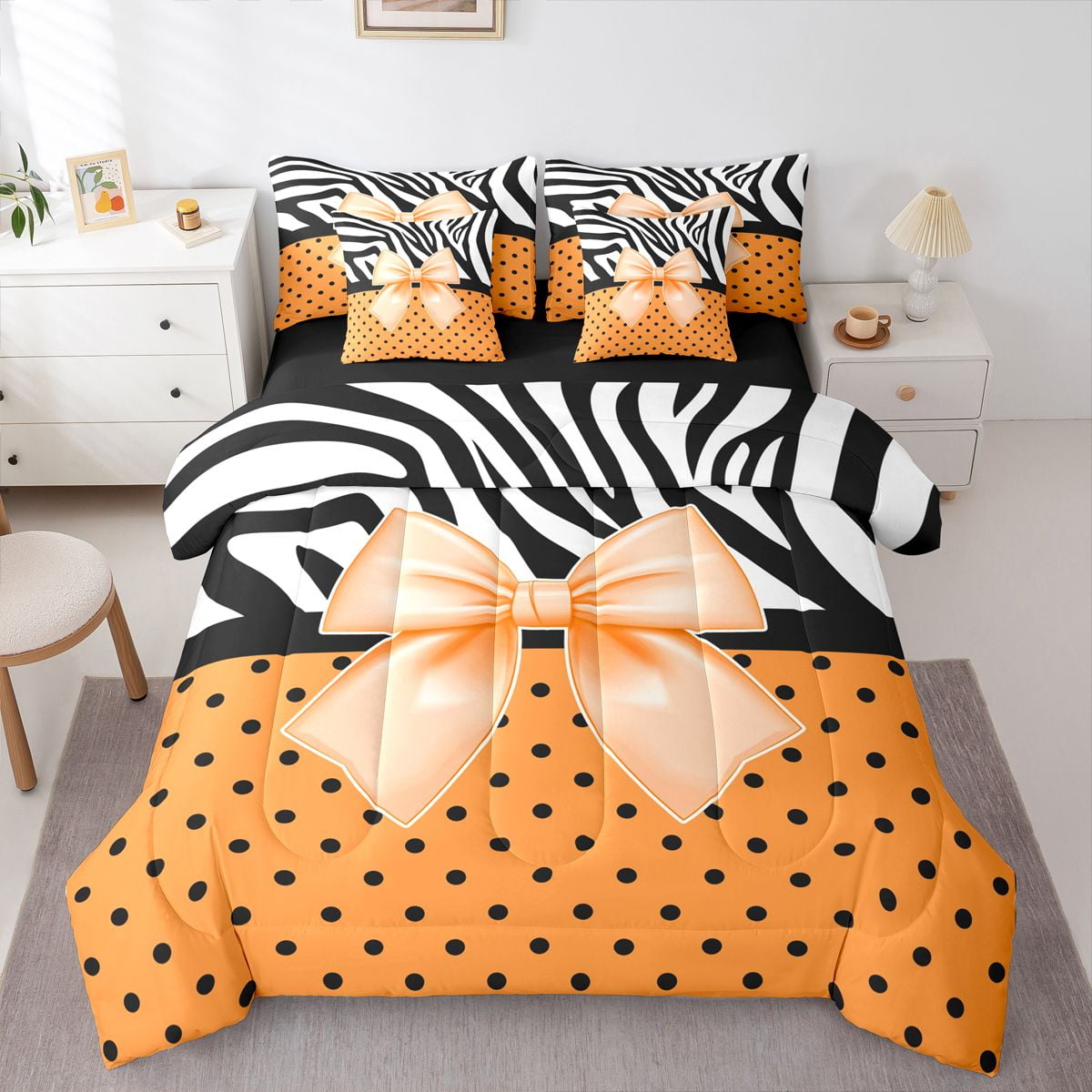 Castle Fairy Cartoon Orange Bow Knot Bedding Comforter Set,Polka Dots ...