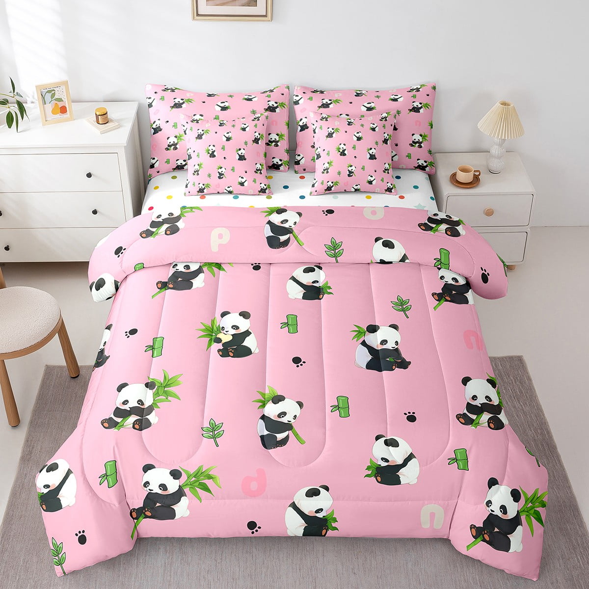 Castle Fairy Cartoon Panda 7 Pieces Bedding Comforter Set,Black Pink ...