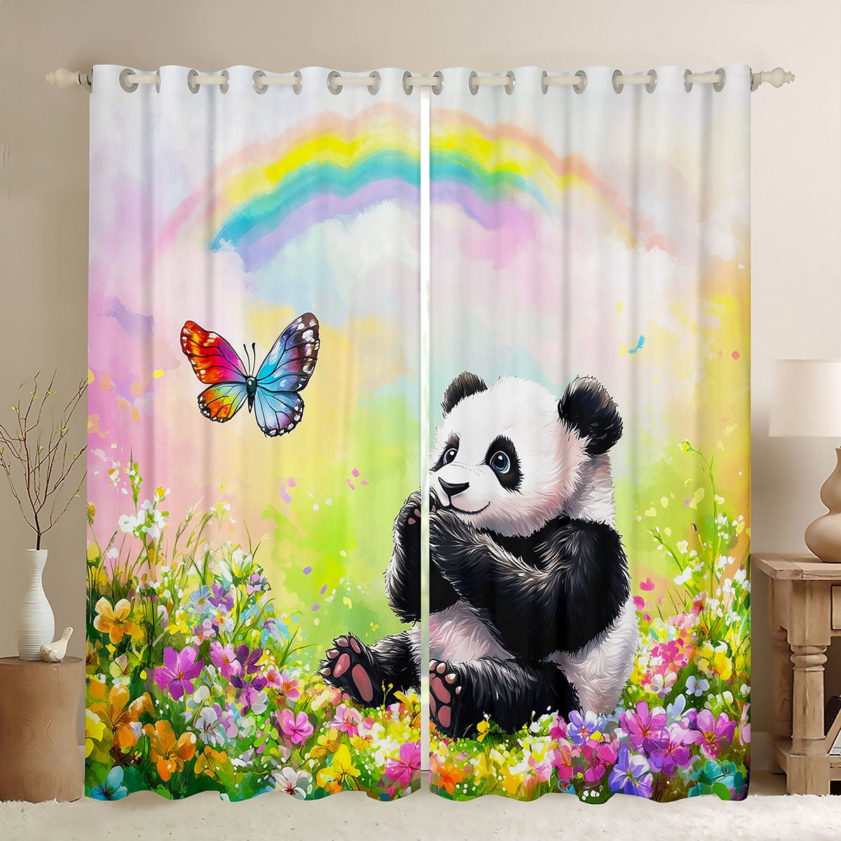 Castle Fairy Cartoon Panda Black Out Curtains,Floral Curtains Pack of 2 ...