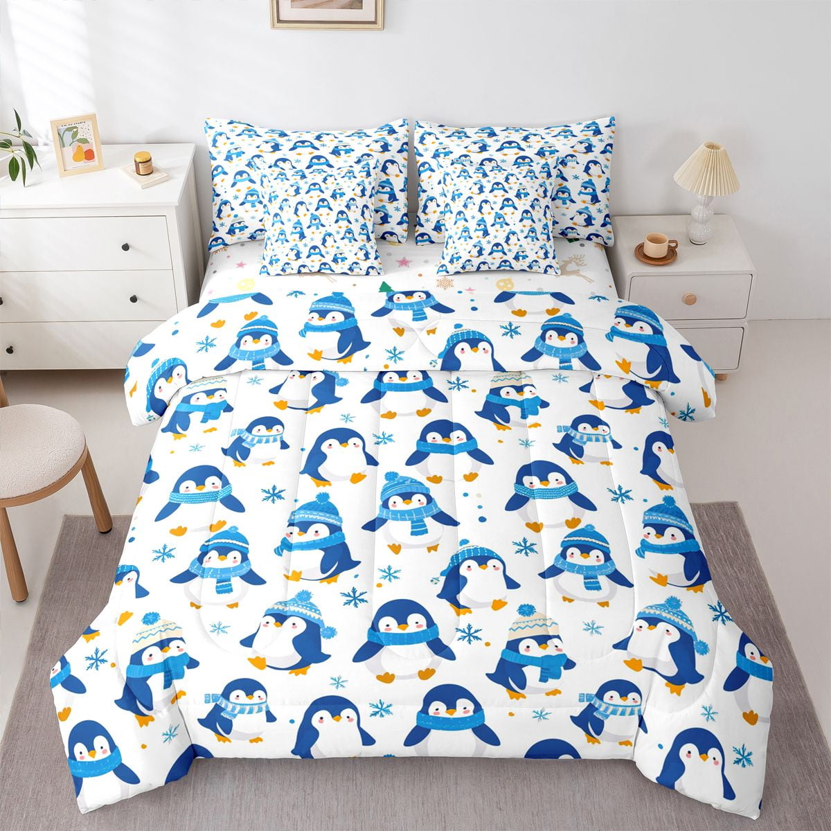 Castle Fairy Cartoon Penguin Bedding Comforter Set,Kawaii Snowflakes ...