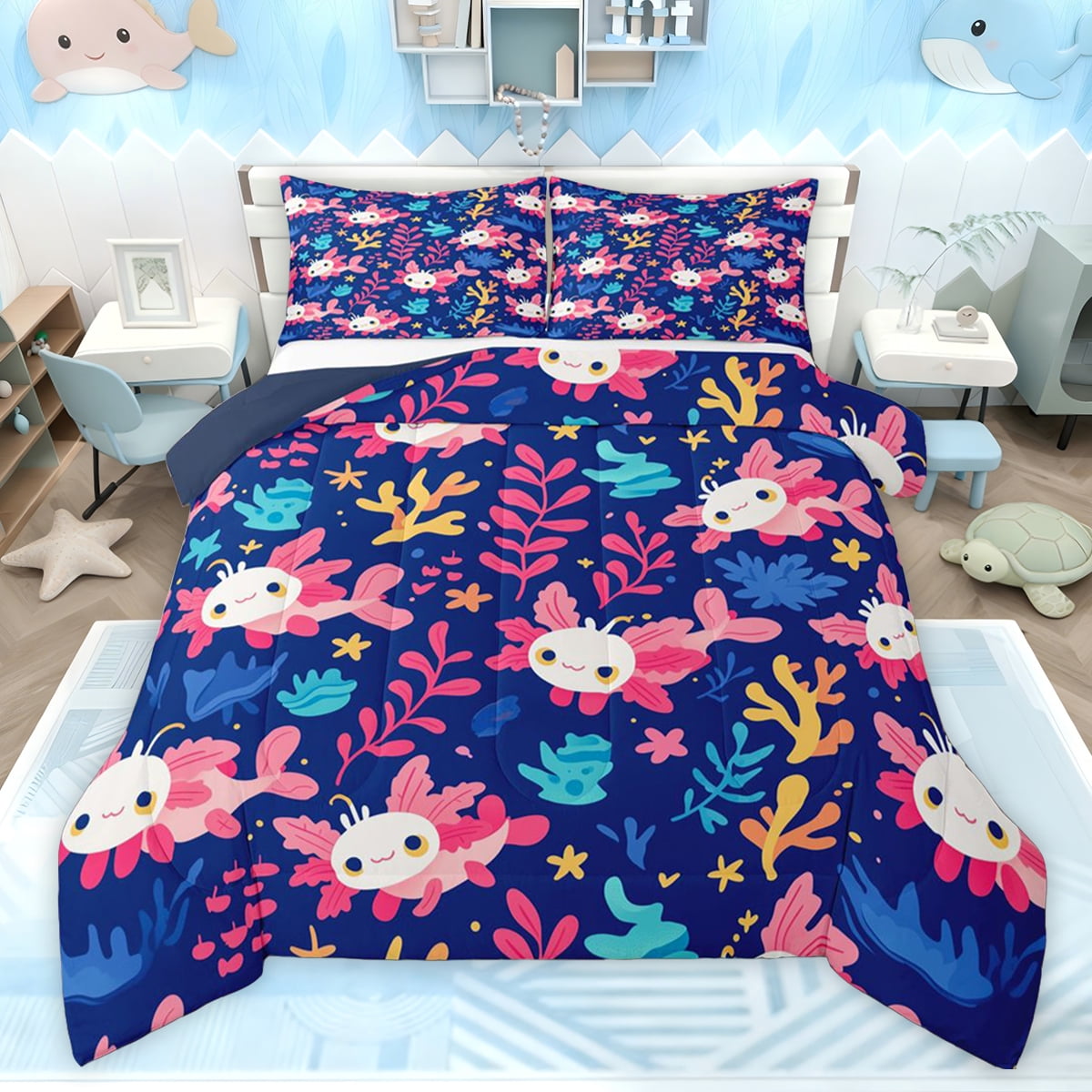 Castle Fairy Cartoon Pink Axolotl Full Size Comforter Sets,Cute Ocean ...