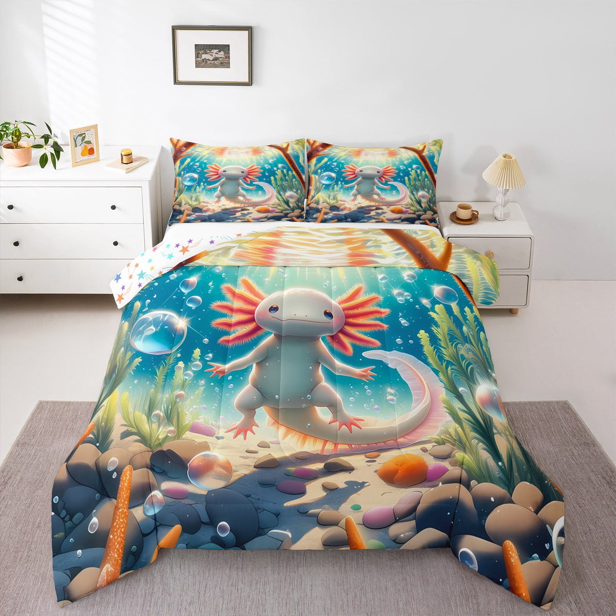 Castle Fairy Cartoon Pink Axolotl Ocean Salamander Twin Comforter Sets ...