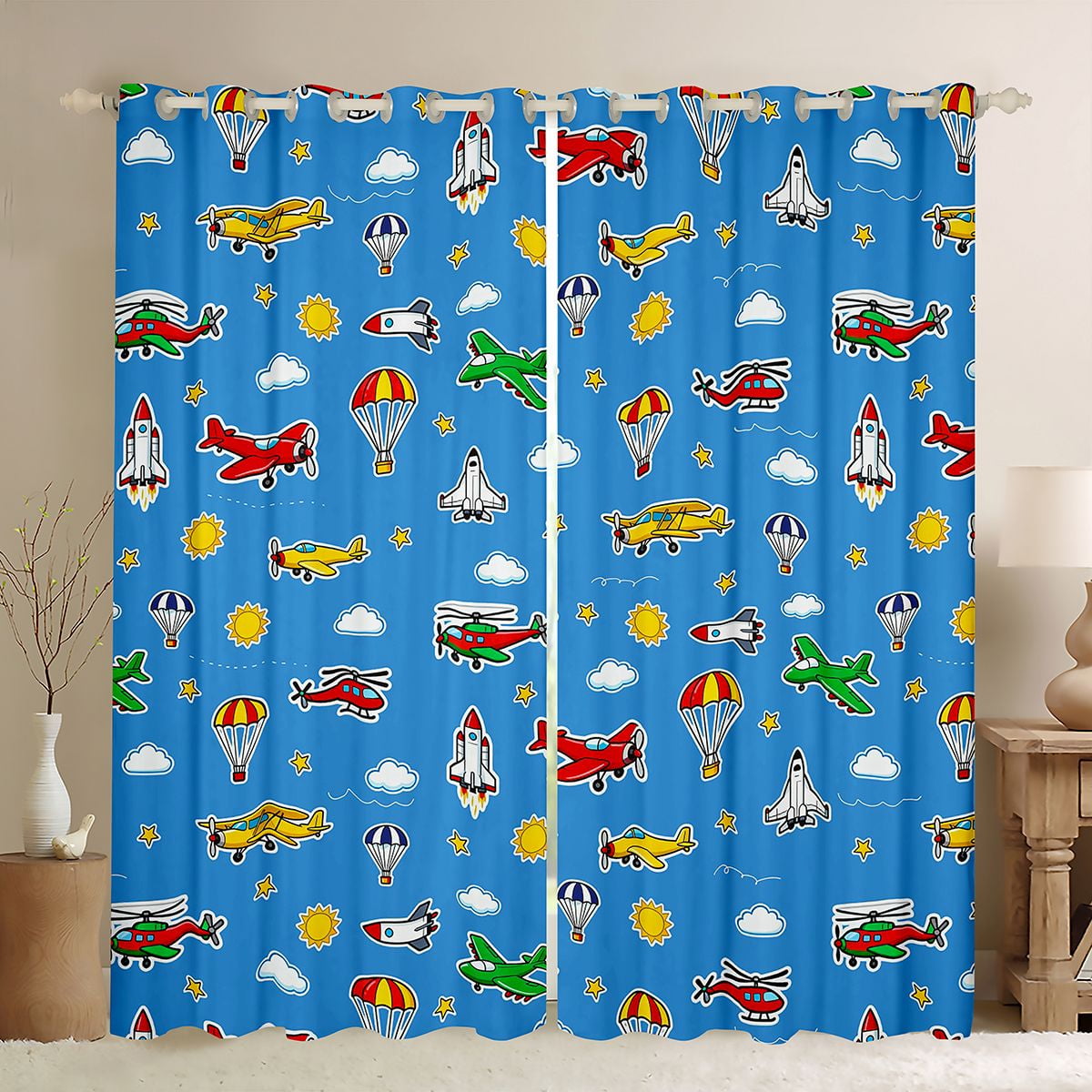 Castle Fairy Cartoon Plane Rocket Blackout Curtains Set of 2 (52x84 ...