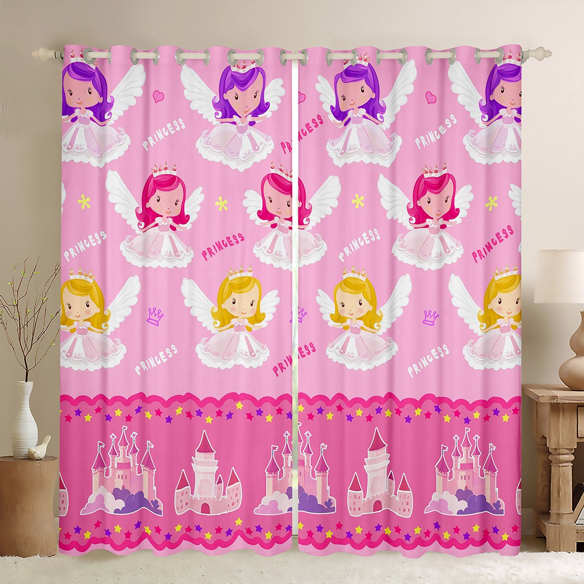 Castle Fairy Cartoon Princess Black Out Curtains,Pink Castle Curtains ...