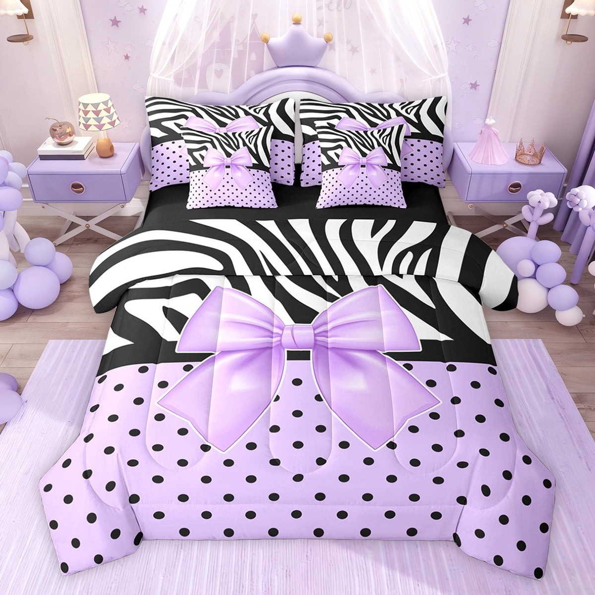 Castle Fairy Cartoon Purple Bow Knot Twin Bedding Sets,Polka Dots ...