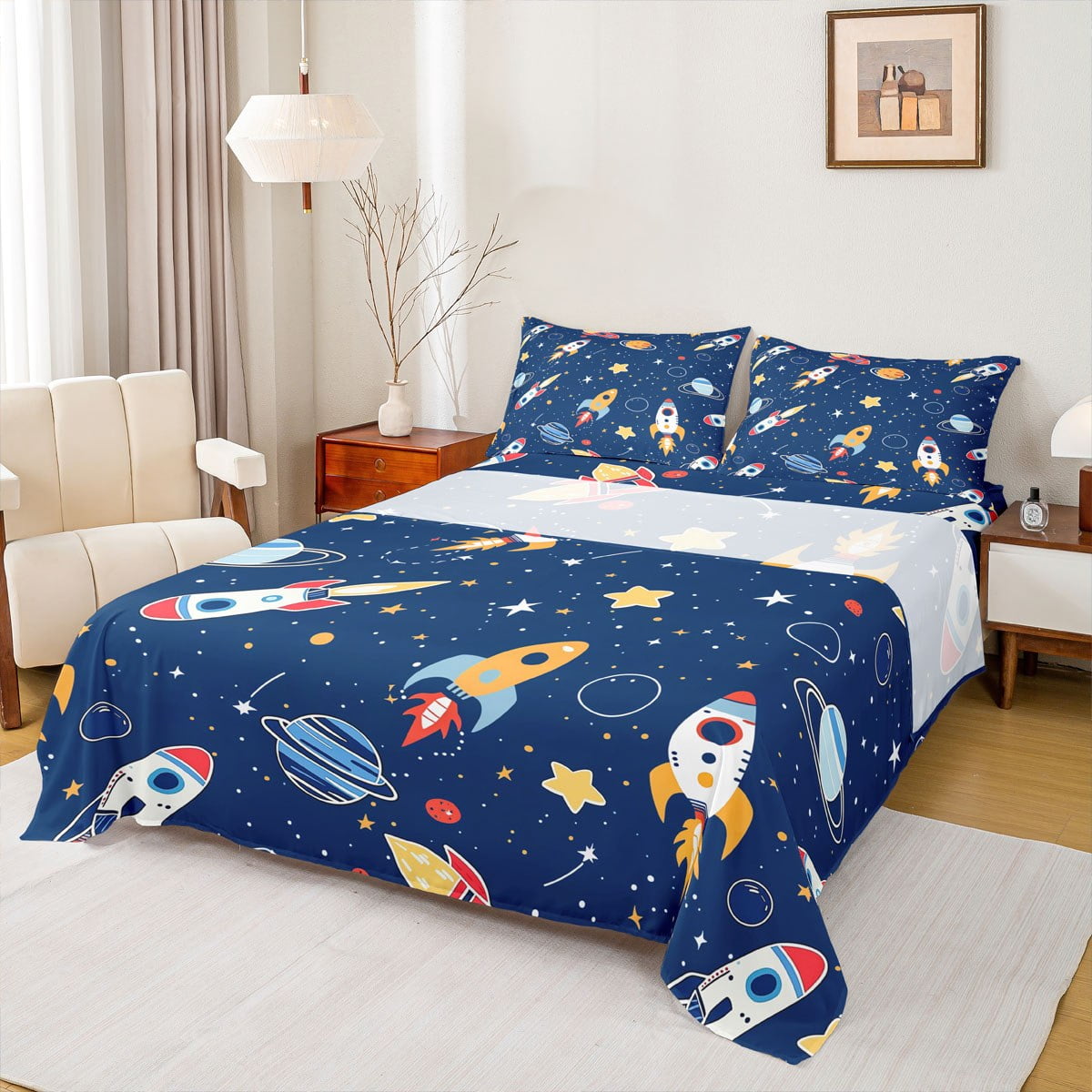 Castle Fairy Cartoon Rocket Planet Bed Sheets,Kawaii Galaxy Stars Print ...
