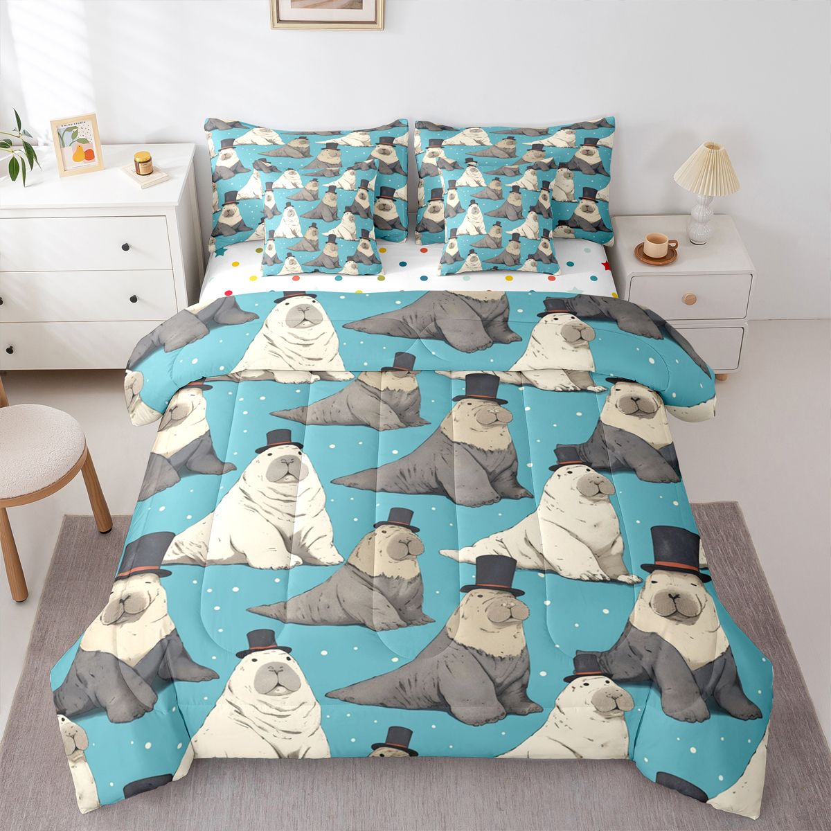 Castle Fairy Cartoon Sea Lion Bedding Comforter Set 7 Pieces for Kids ...