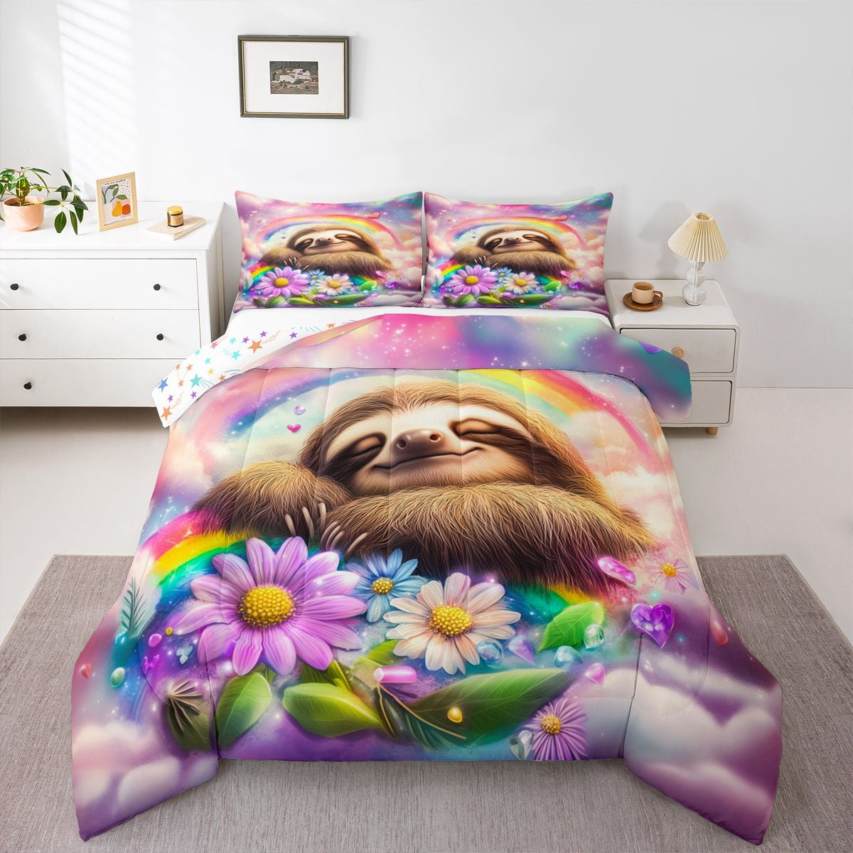 Castle Fairy Cartoon Sloth Queen Comforter Set,Kawaii Rainbow Animal ...