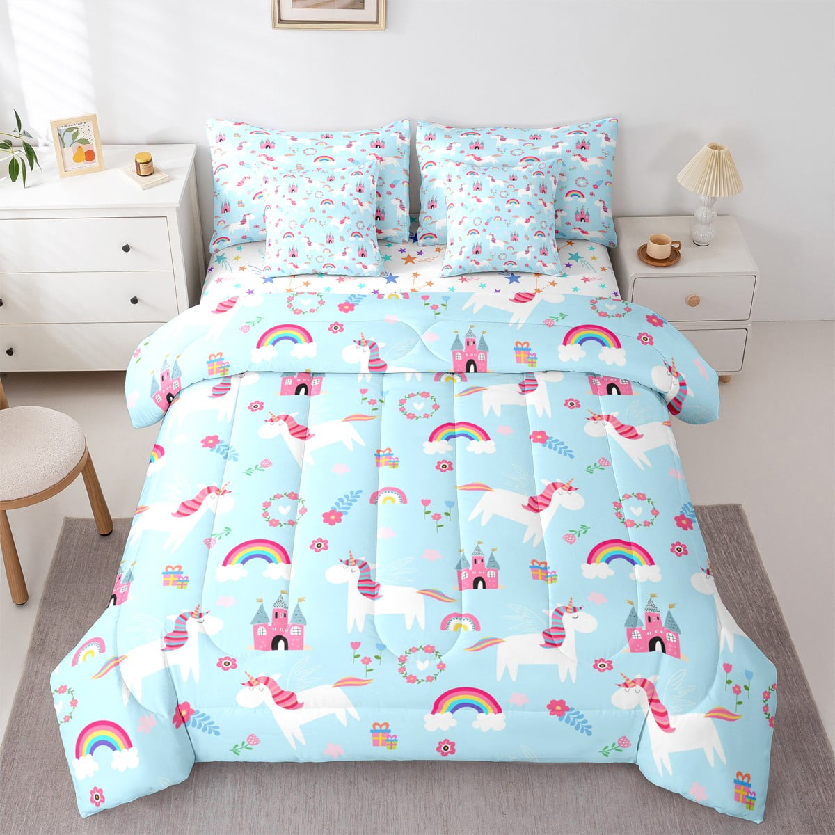 Castle Fairy Cartoon Unicorn 7-Piece Bedding Comforter Set for Girls ...