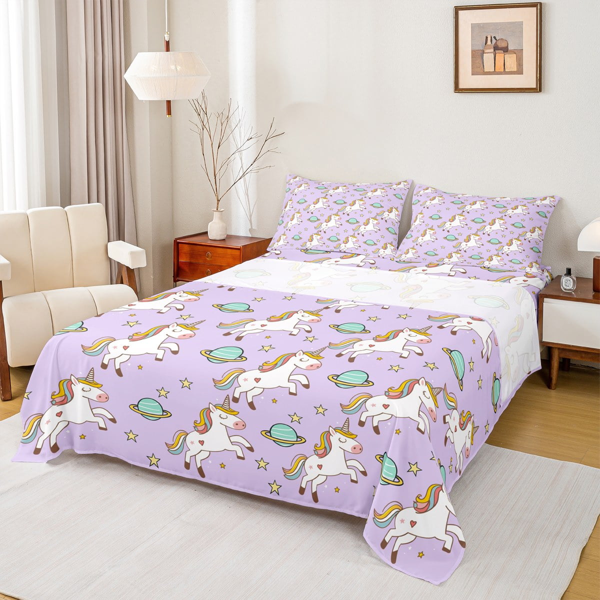 Castle Fairy Cartoon Unicorn Bed Sheets,Kawaii Cosmos Planet King ...