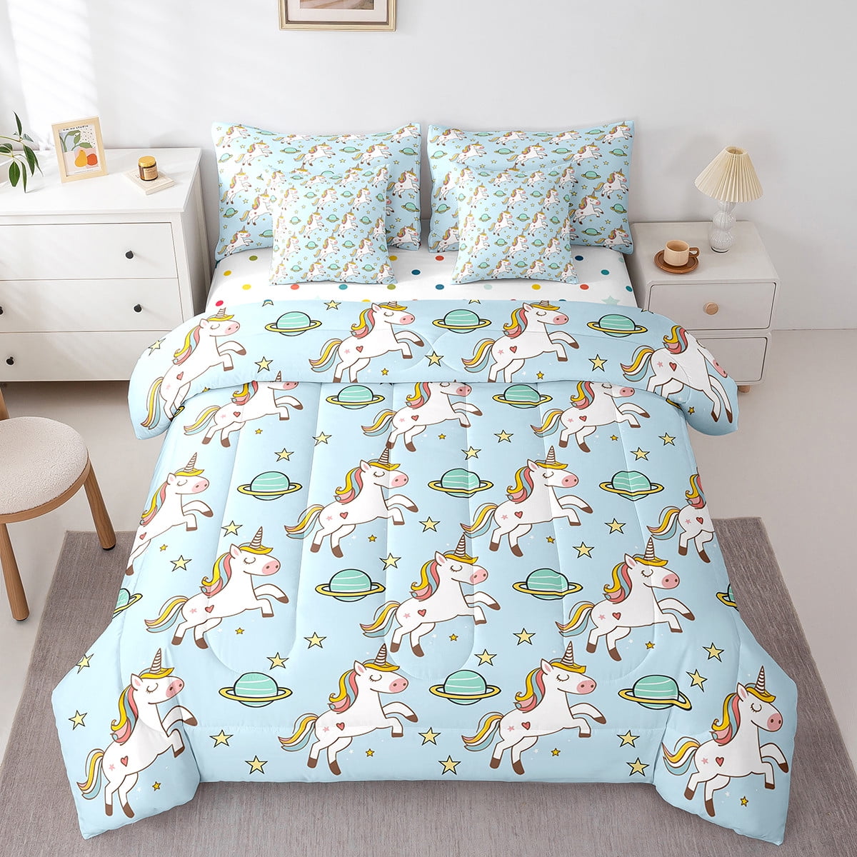 Castle Fairy Cartoon Unicorn Bedding Comforter Set,Kawaii Cosmos Planet ...