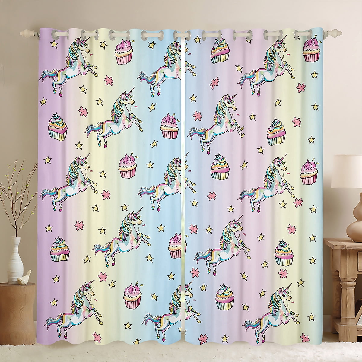Castle Fairy Cartoon Unicorn Black Out Curtains,Galaxy Curtains Pack of ...