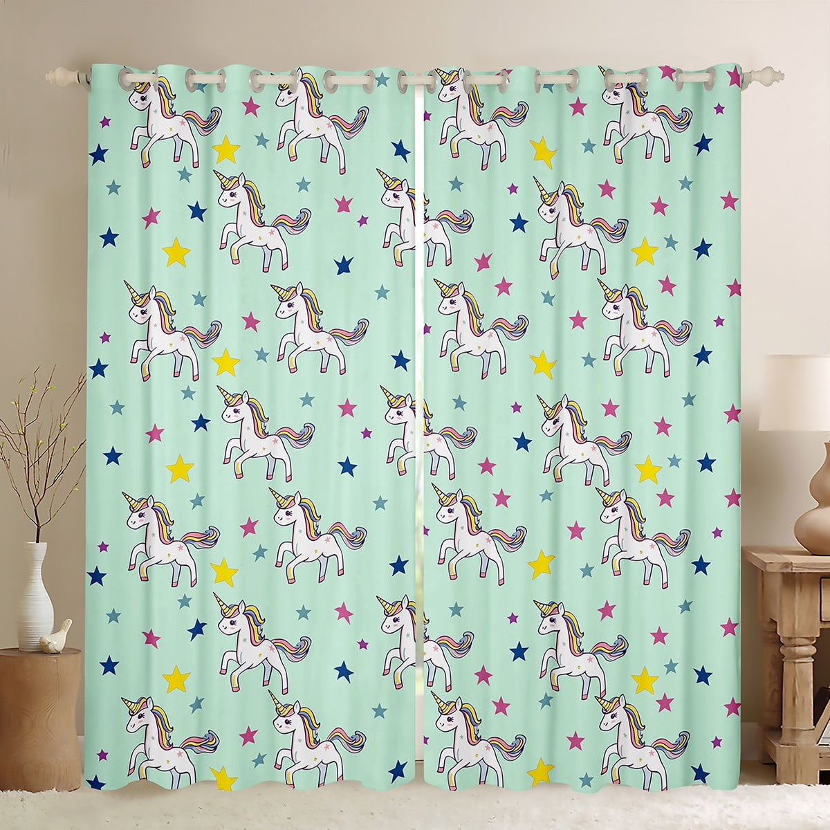 Castle Fairy Cartoon Unicorn Curtains Pack of 2 (42x84 Each),Stars ...