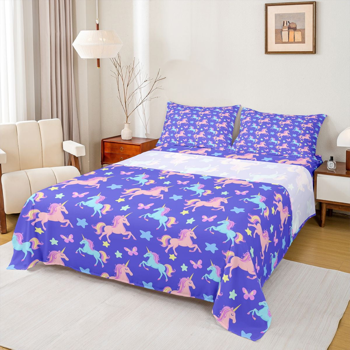 Castle Fairy Cartoon Unicorn Full Size Sheets,Colorful Stars Print Bed ...