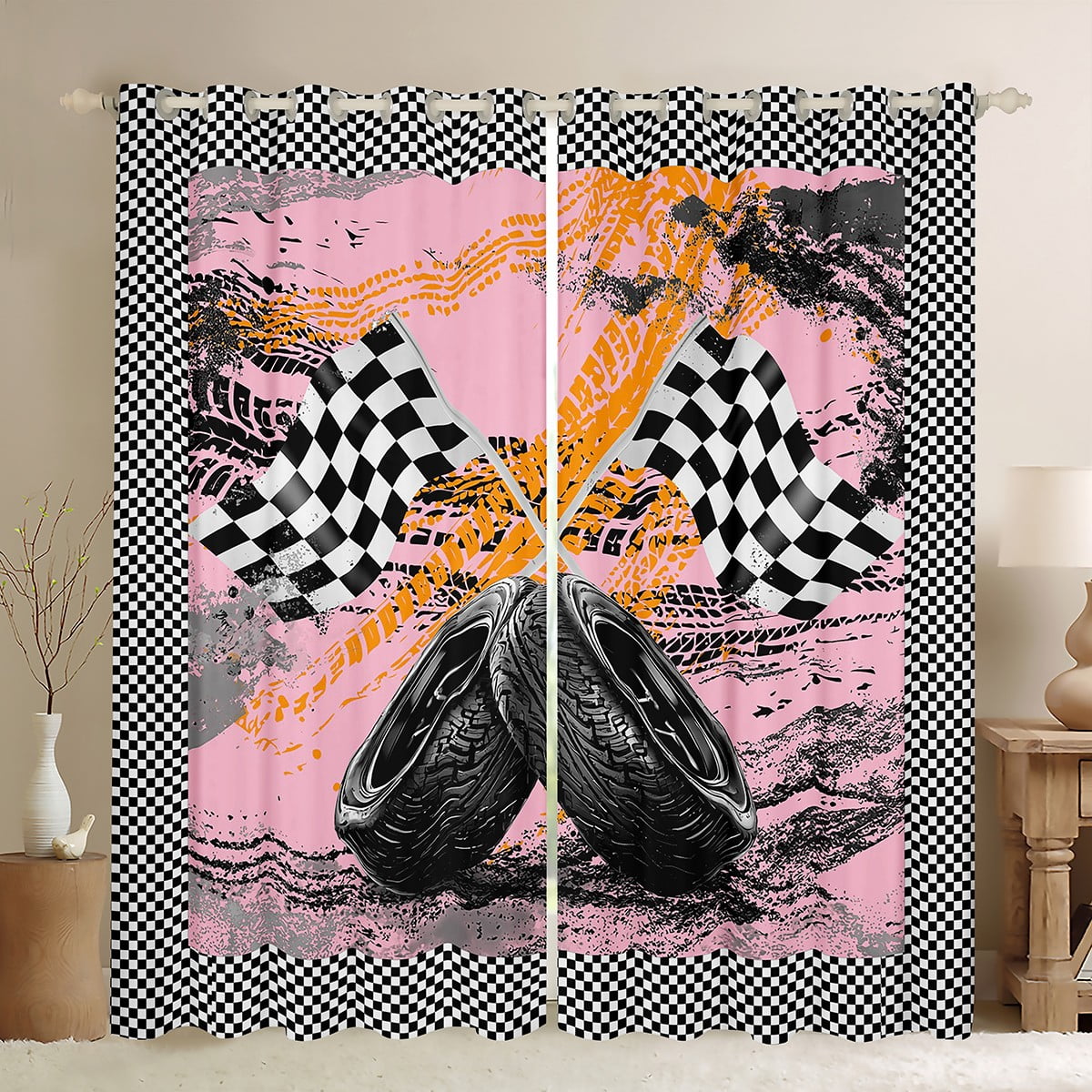 Castle Fairy Checkered Flag Blackout Curtains Set of 2 (52x84 Each),Car ...