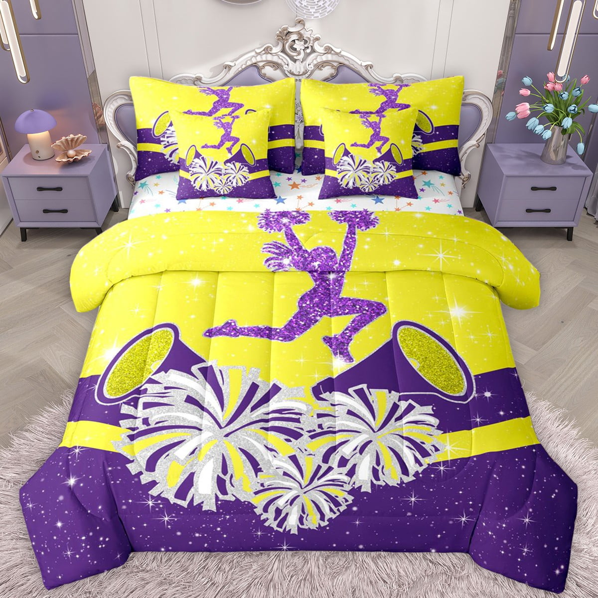 Castle Fairy Cheer Theme Bedding Comforter Set 7-Piece,Purple Yellow ...