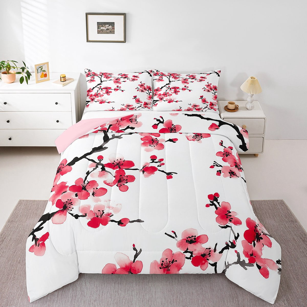 Castle Fairy Cherry Blossom 3-Piece Full Size Comforter Sets,Black Pink ...