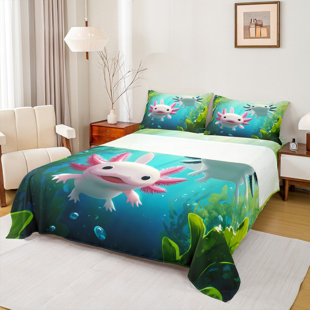 Castle Fairy Children Cartoon Axolotl Bed Sheets,Ocean Salamander King ...