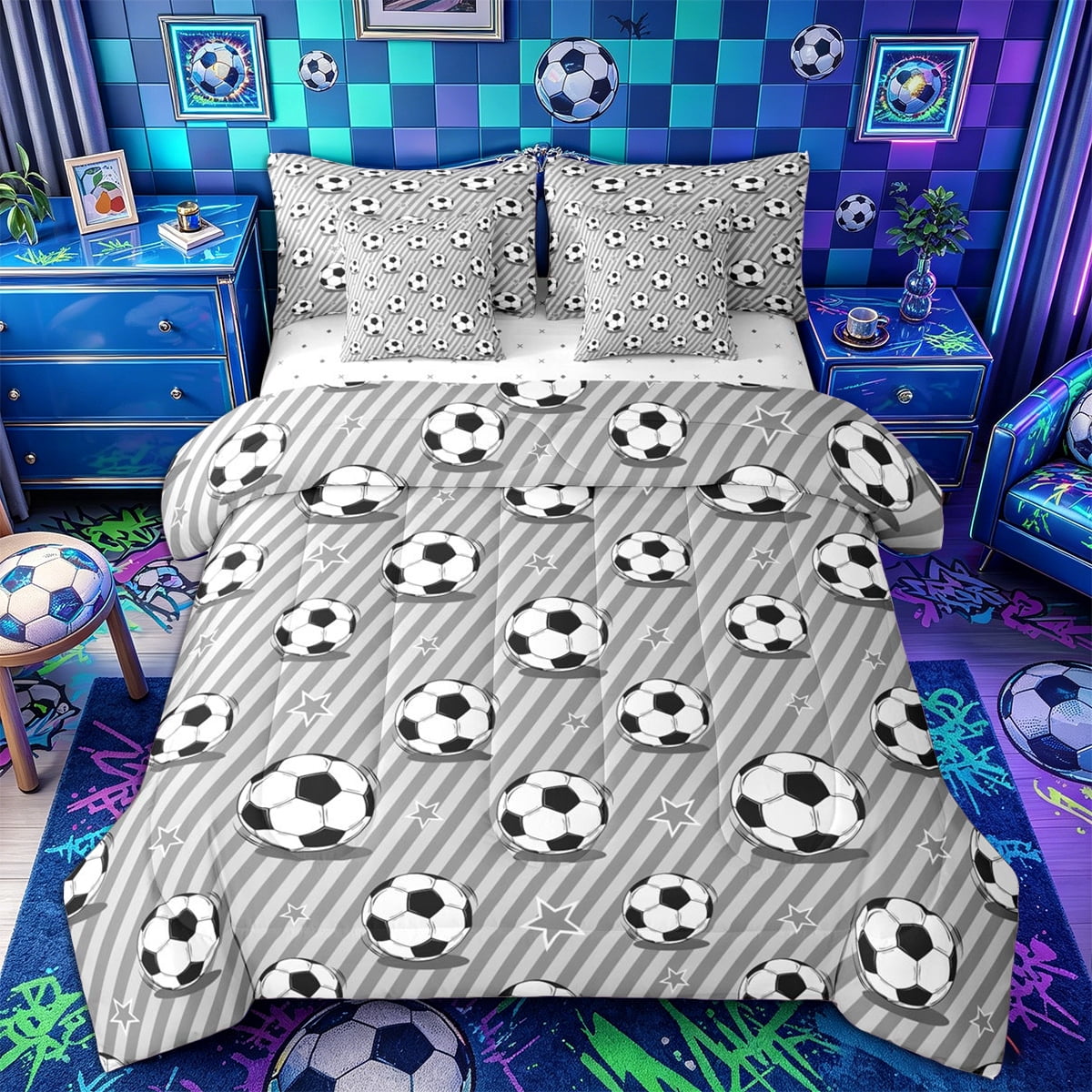 Castle Fairy Classic Soccer King Bedding 7pcs, Geometric Stripes King ...