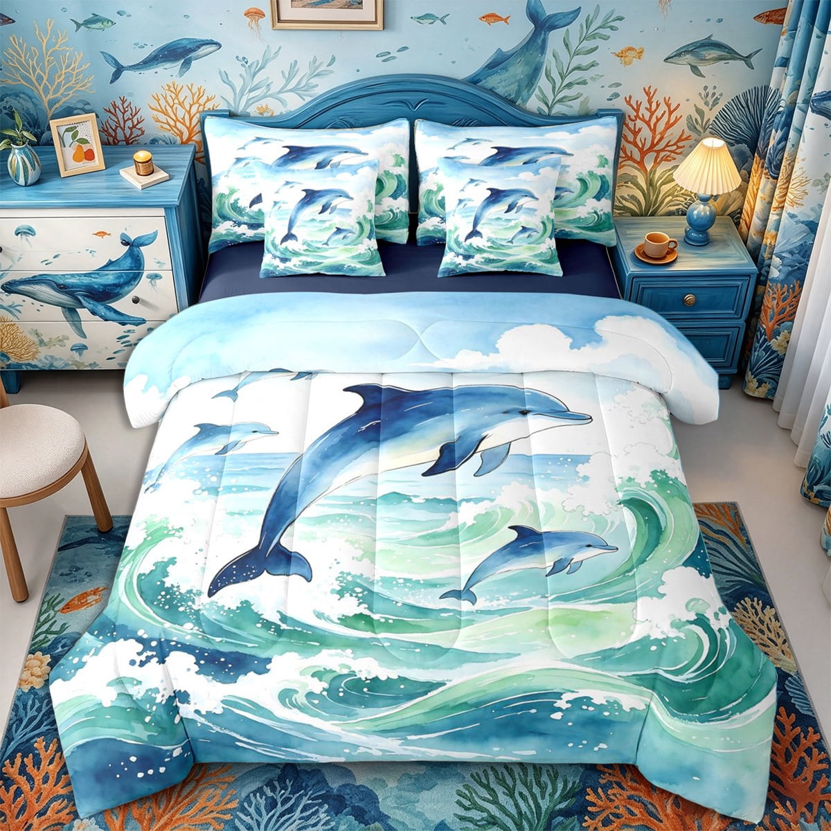 Castle Fairy Clean Watercolor Dolphin Wave King Bedding 7pcs,Blue ...