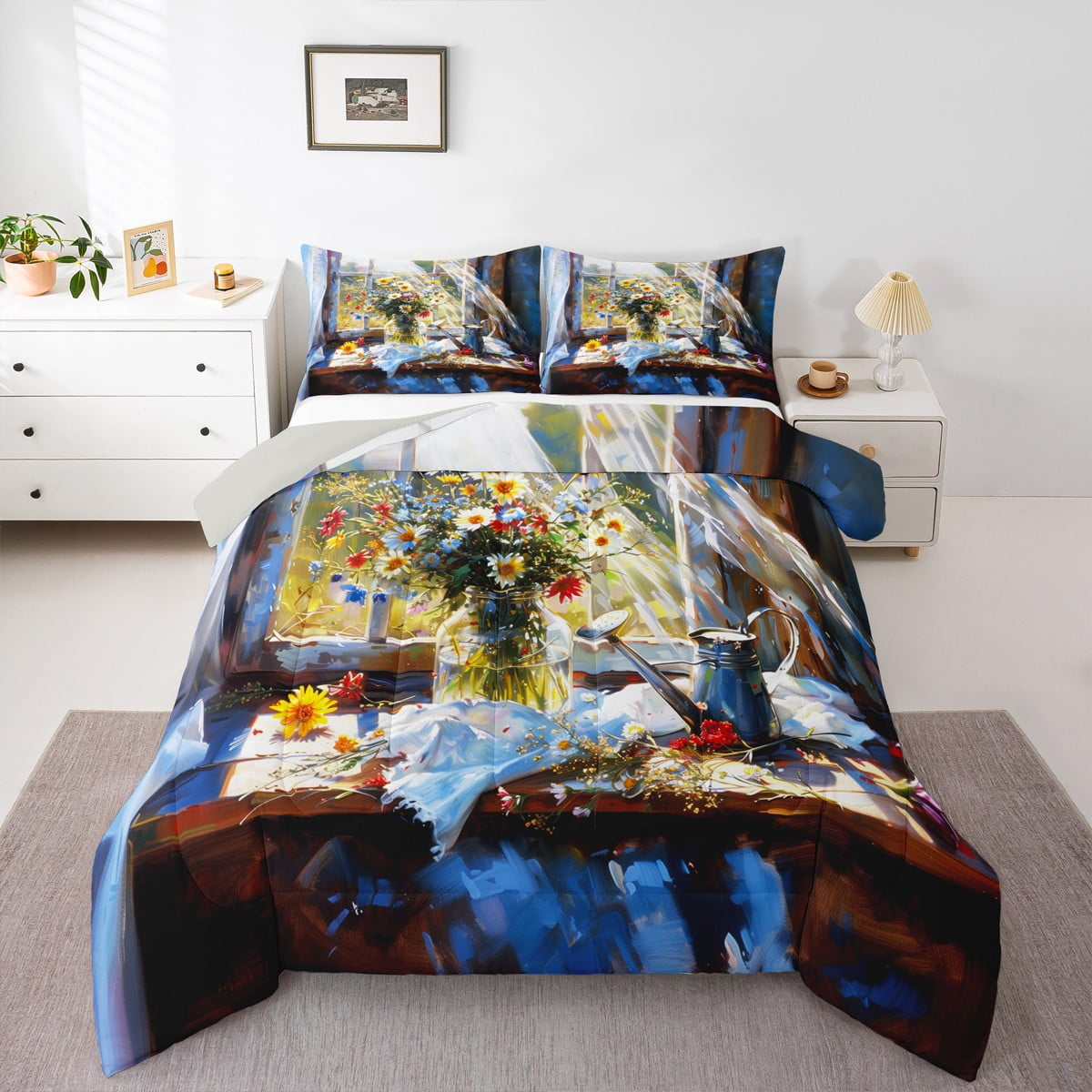 Castle Fairy Colorful Daisy 3-Piece Full Size Comforter Sets,Watercolor ...