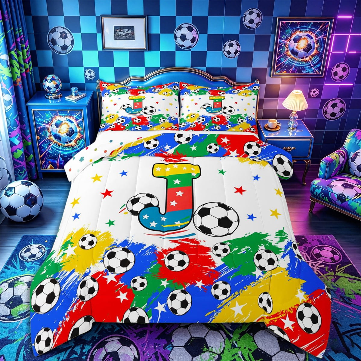 Castle Fairy Colorful Soccer Letter J King Size Comforter Sets 3pcs ...