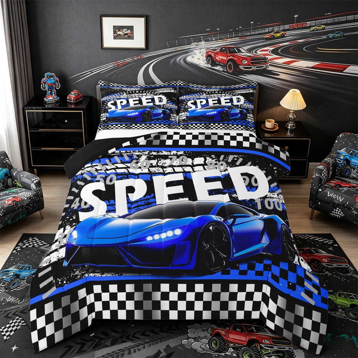 Castle Fairy Cool Blue Sports Car Full Size Comforter Sets 3 Pieces for ...
