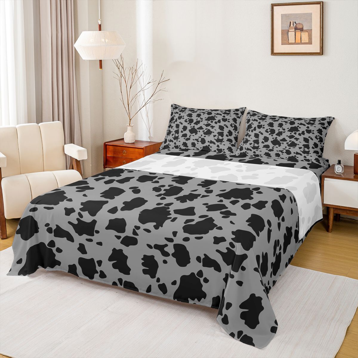 Castle Fairy Cow Print 4pcs Bed Sheets for Kids Children,Black Grey ...
