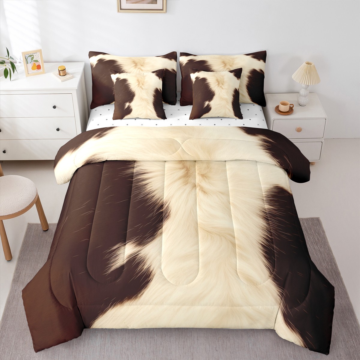 Castle Fairy Cow Print Bedding Comforter Set 7pcs for Female Men Adults ...