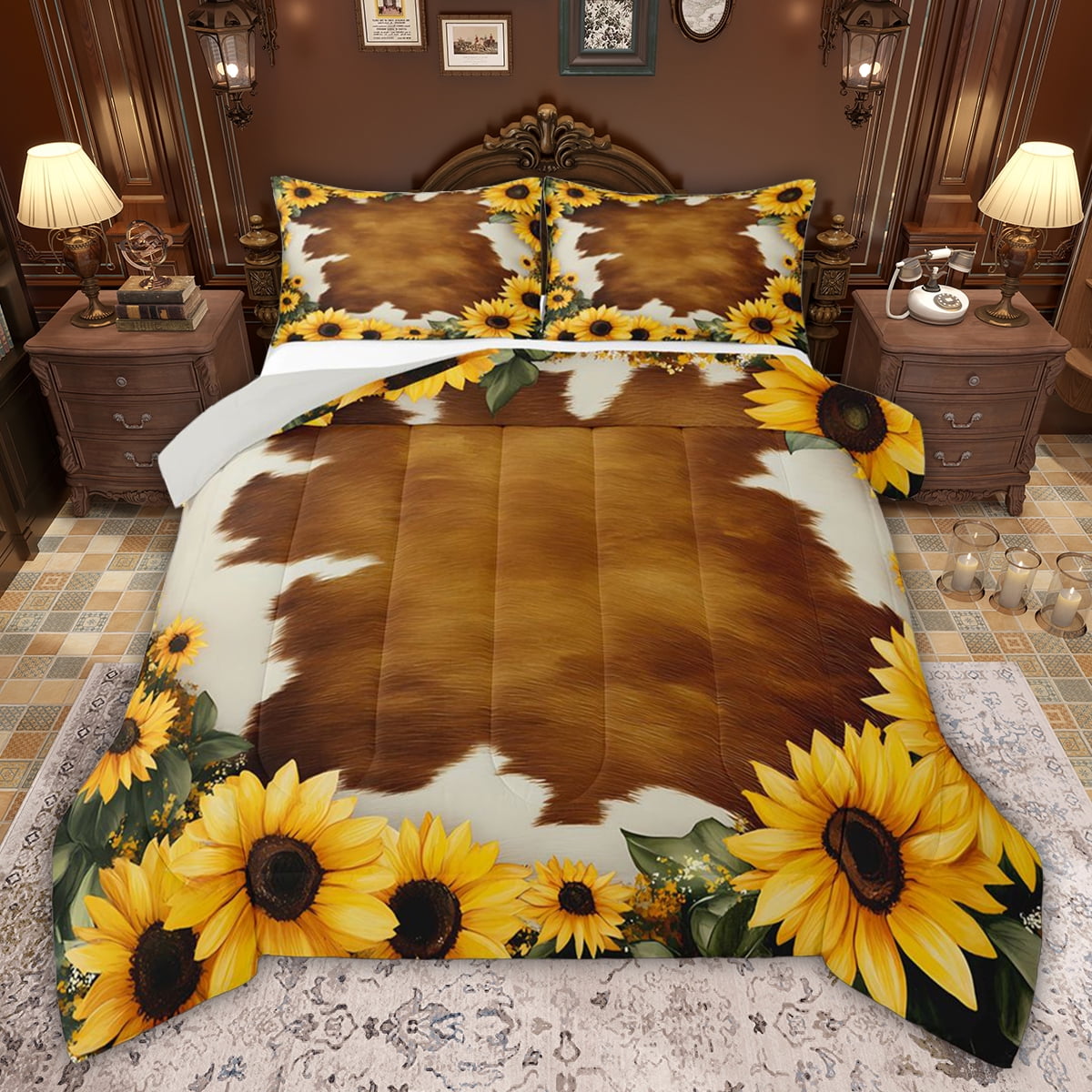 Castle Fairy Cow Print Queen Comforter Set,Chic Floral Sunflower ...