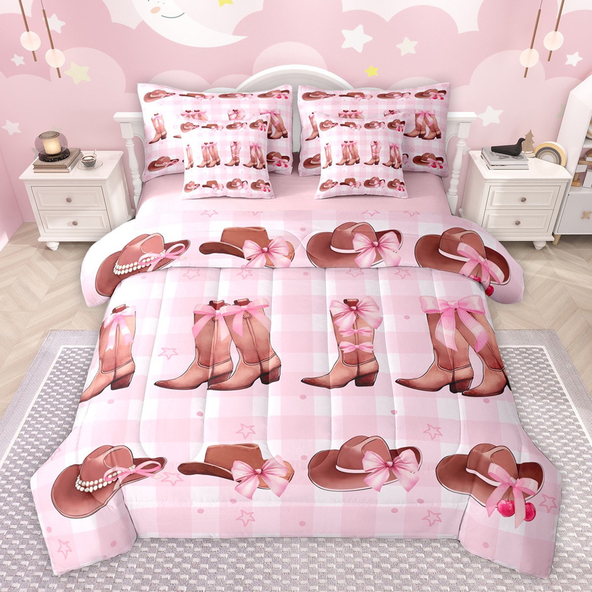 Castle Fairy Cowgirl Bow Knot Boots Hats 7-Piece Bedding Comforter Set ...