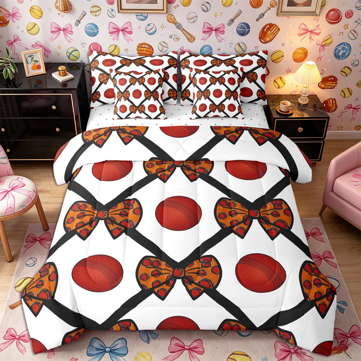 Castle Fairy Cricket Print Bow Queen Bedding 7pcs, Minimalism Grid ...