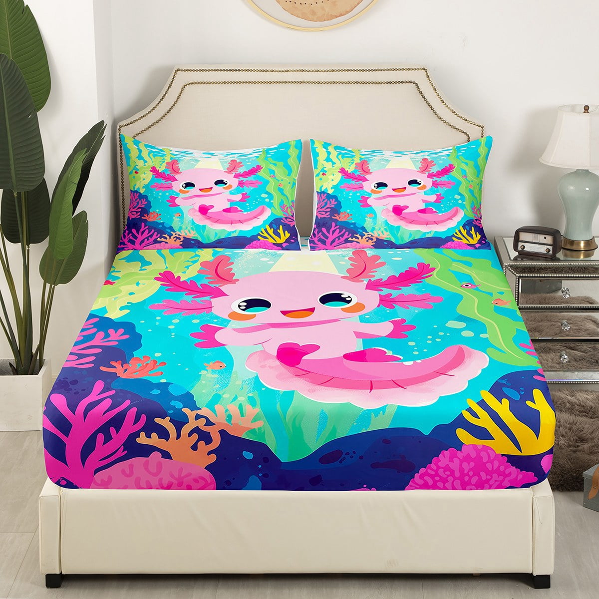 Castle Fairy Cute Axolotl 3pcs Twin Sheet Sets,Ocean Salamander Twin ...